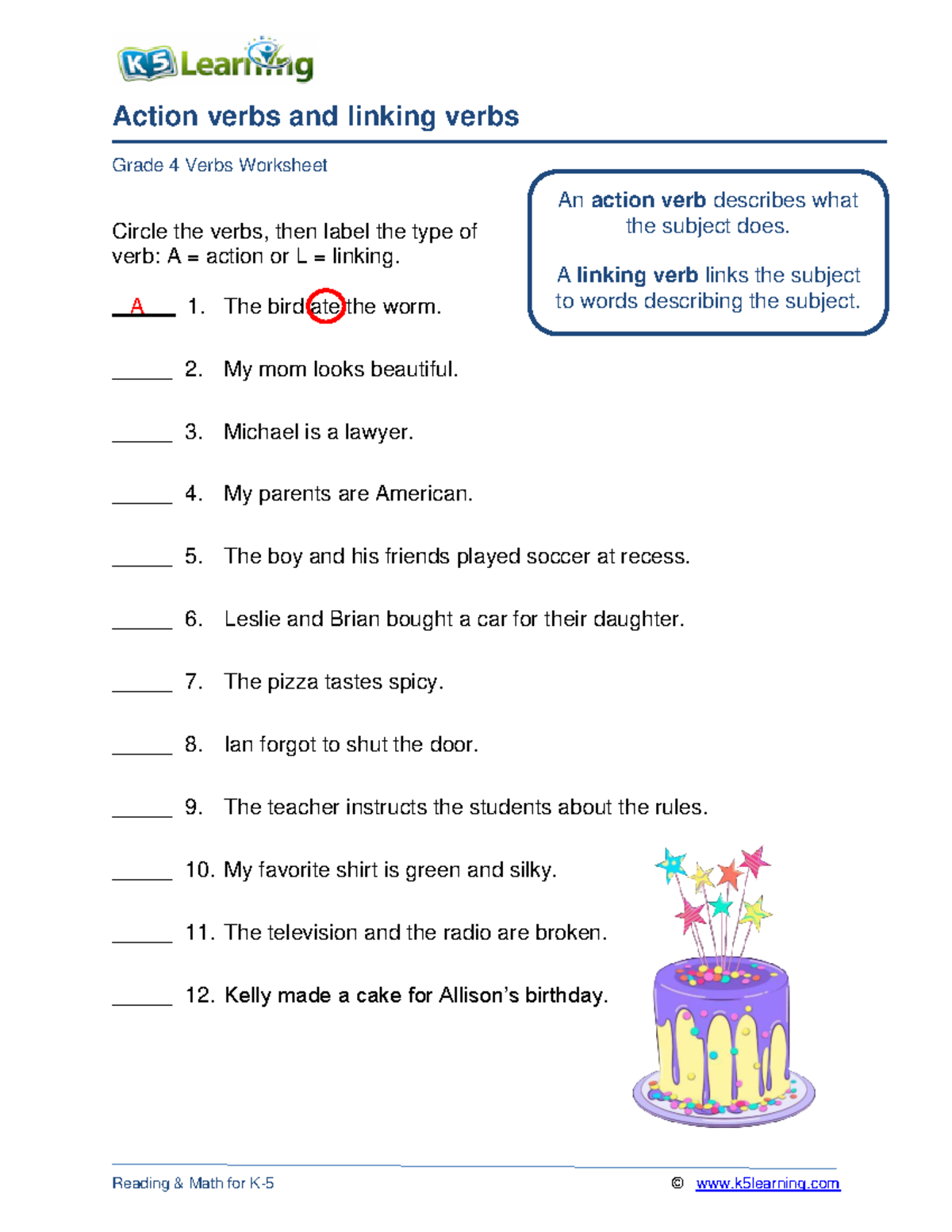 Grade 4 Verbs Worksheet: Action and Linking Verbs - Studocu