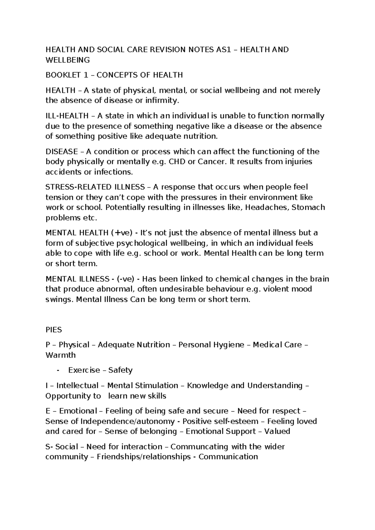 HSC AS3 - Health and Wellbeing Revision Notes Booklet 1-3 - Studocu