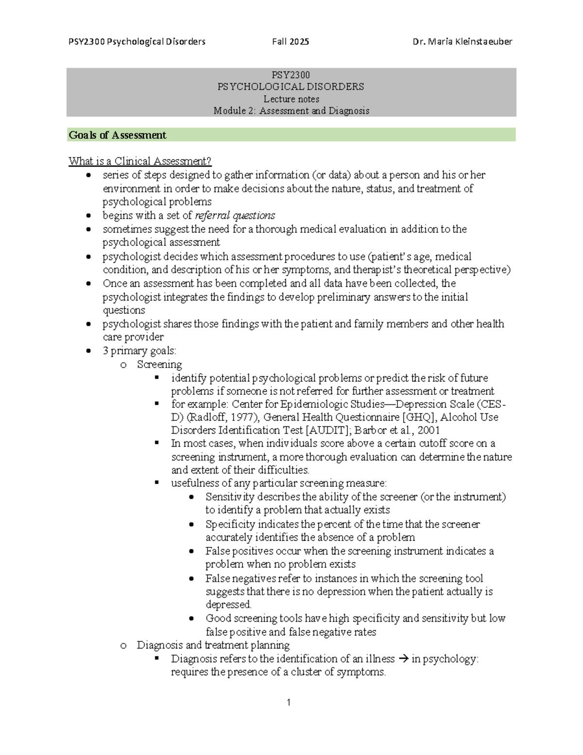 PSY2300 Psychological Disorders: Lecture Notes on Assessment ...