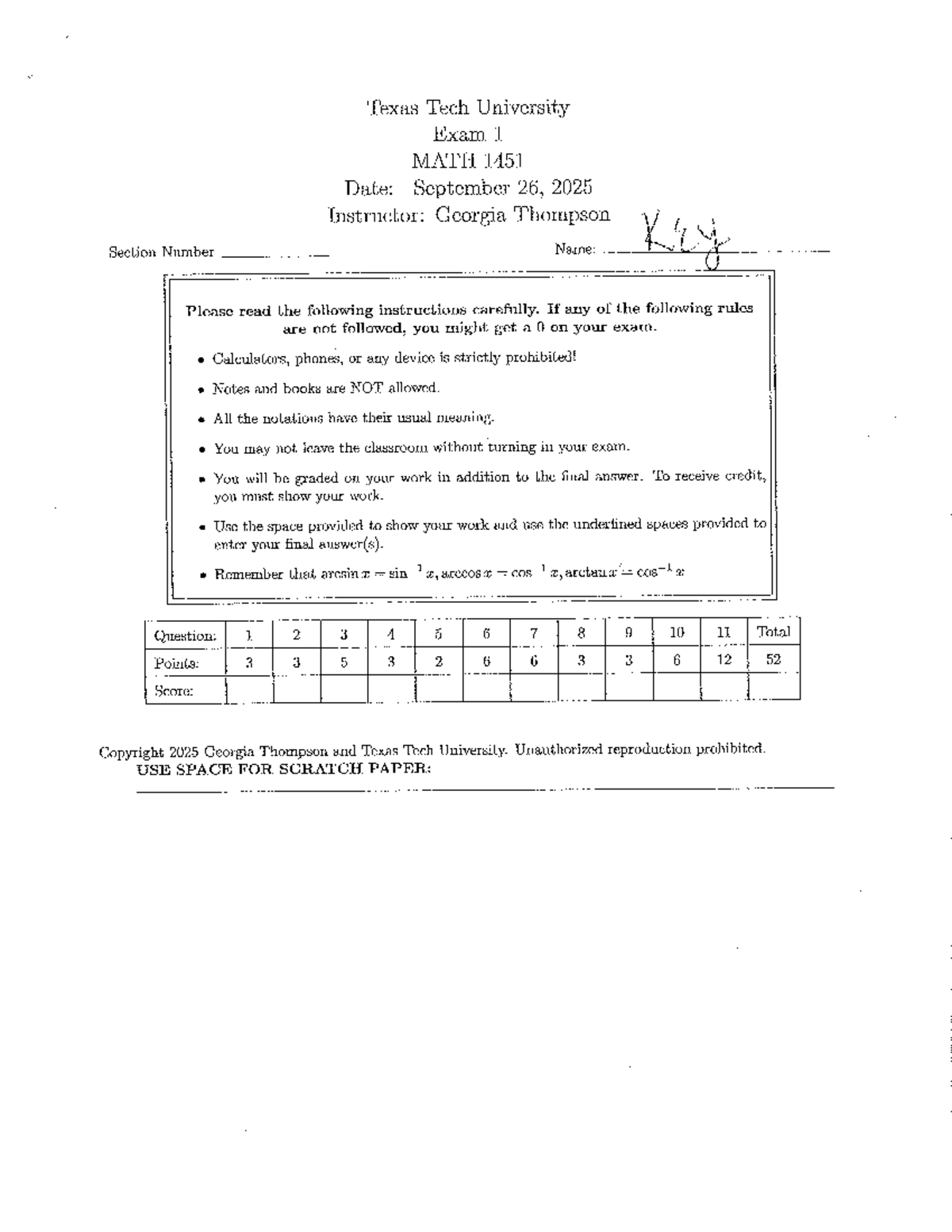 Texas Tech University Exam 1 MATH 1451 - Key and Instructions - Studocu