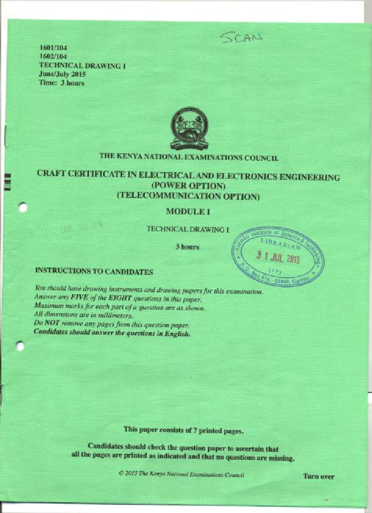 2015 KNEC Past Paper: Technical Drawing July 3 Exam Insights - Studocu