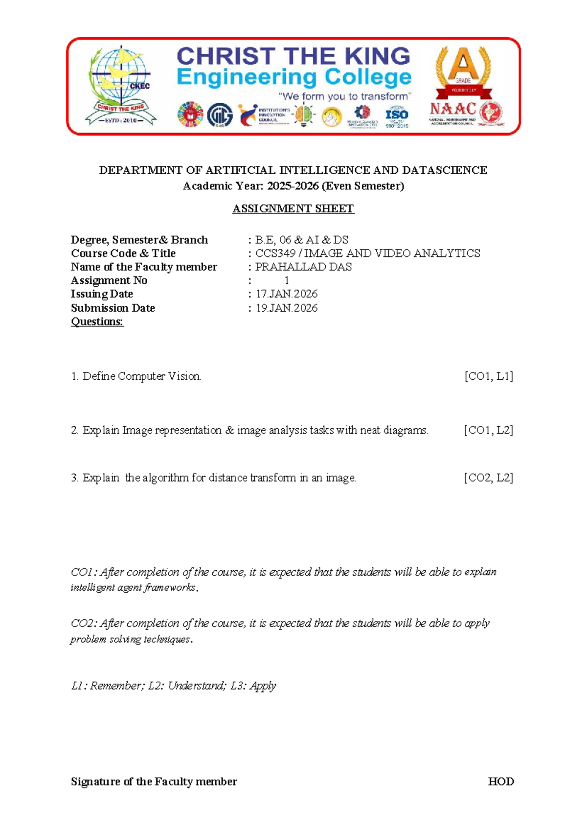 Assignment Sheet 1 - CCS349 Image and Video Analytics - Studocu