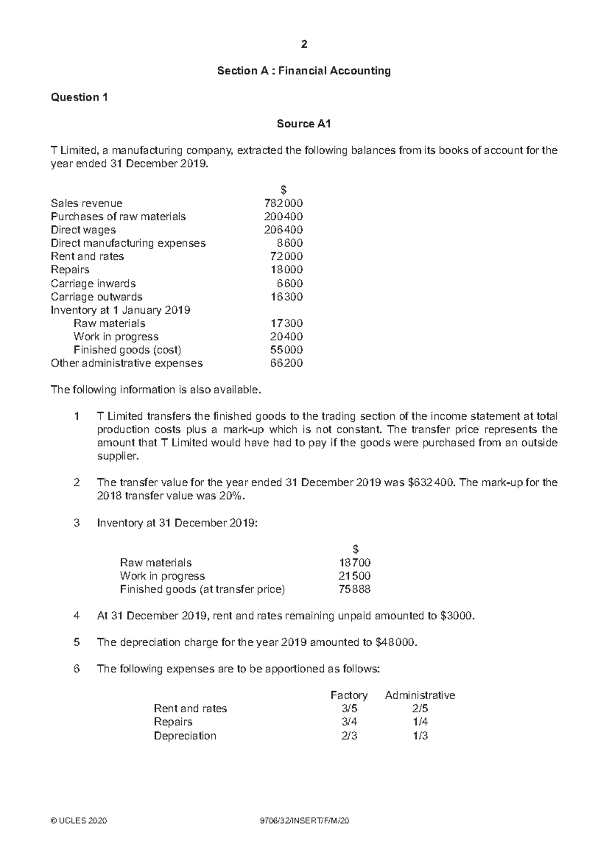 A2 Manufacturing Account Past Paper (2020-2024) - Financial Accounting Insights - Studocu