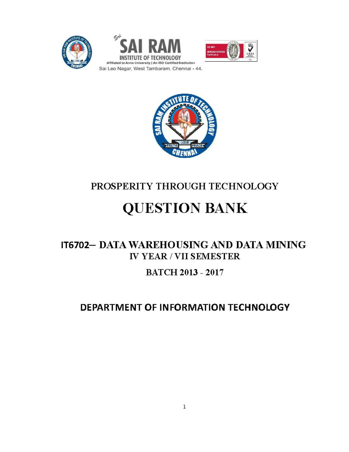 DW&DM IT6702 Question Bank: Data Warehousing & Mining Concepts - Studocu