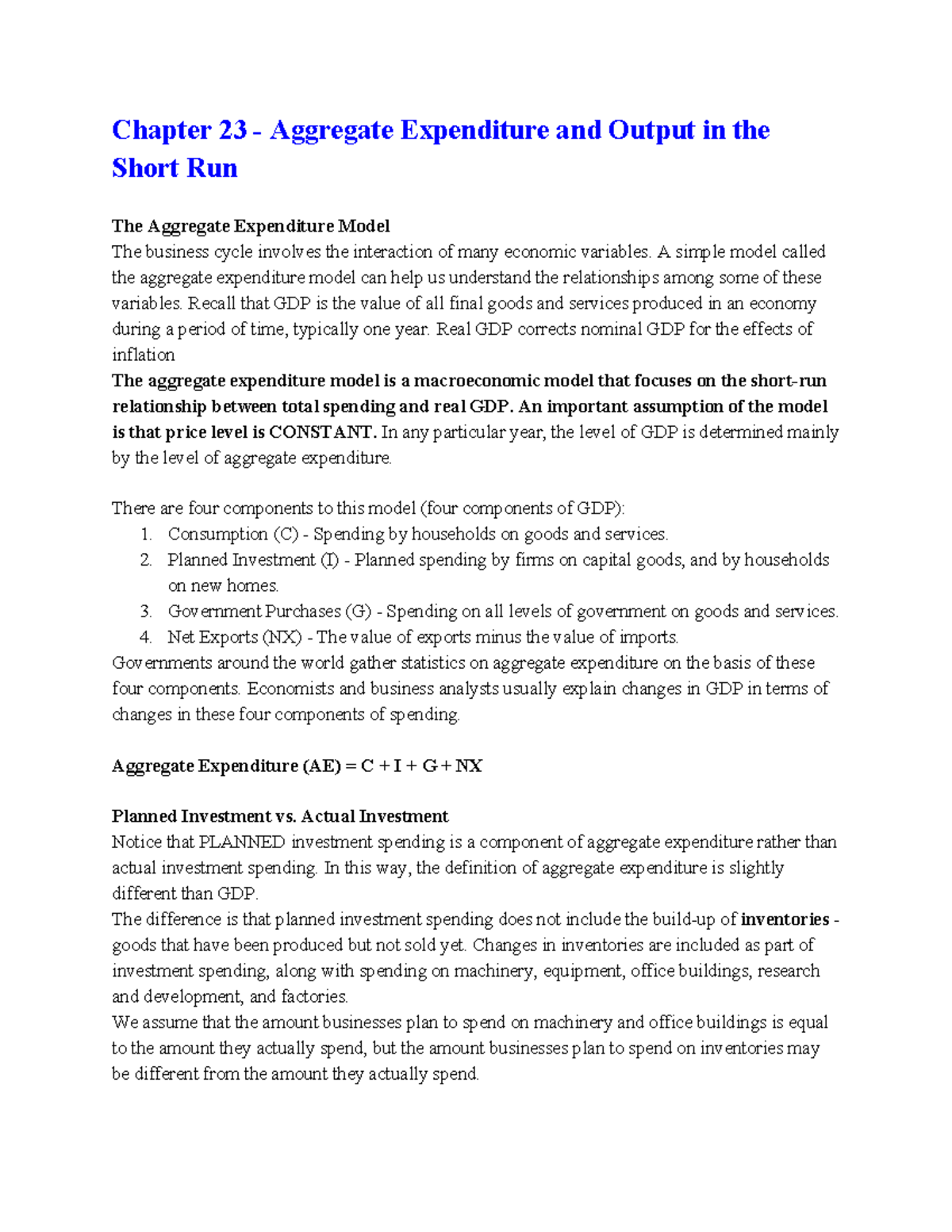 Chapter 23: Aggregate Expenditure and Output in the Short Run, Chapter 24: Aggregate Demand and ...