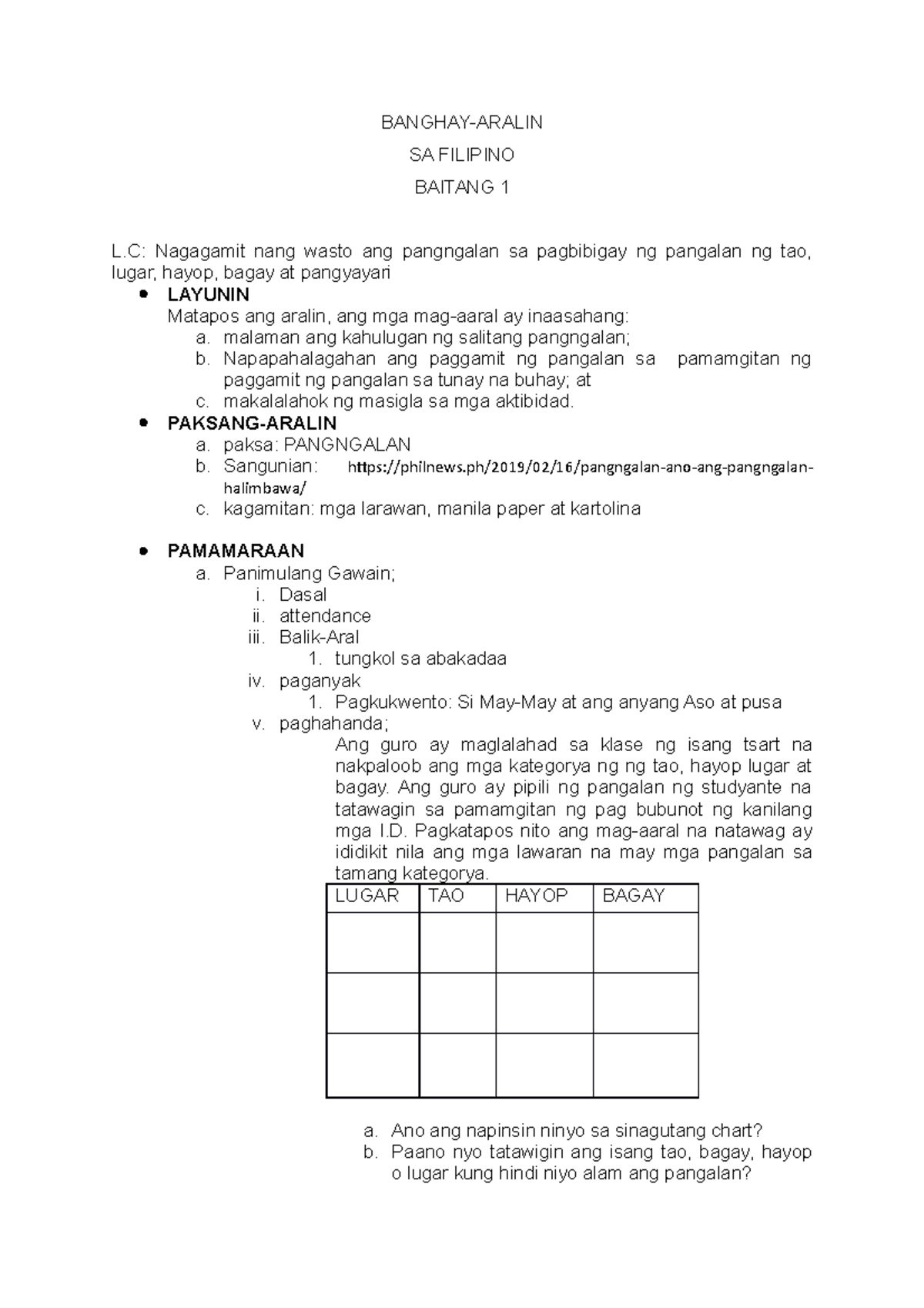 Banghay-Aralin: Lesson Plan for Grade 1 Filipino (LT-1) - Studocu