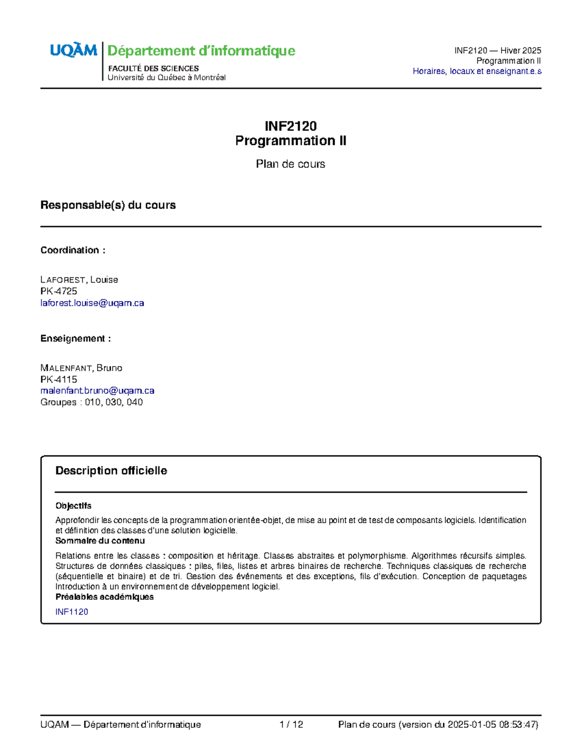 Résumé du Plan de Cours INF2120 - Programmation II à l'UQAM - Studocu