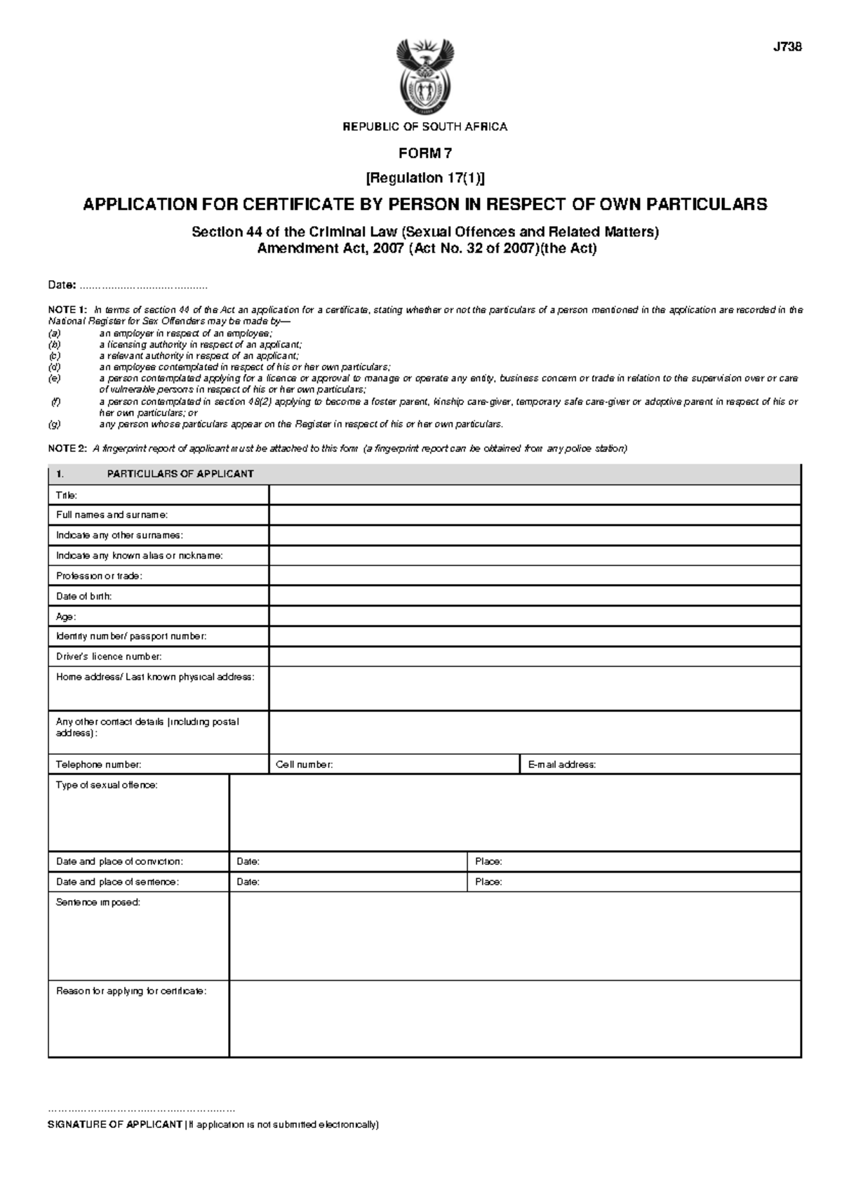 NRSO-J738 Form 7: Application for Certificate - Reg 17(1) Guide - Studocu