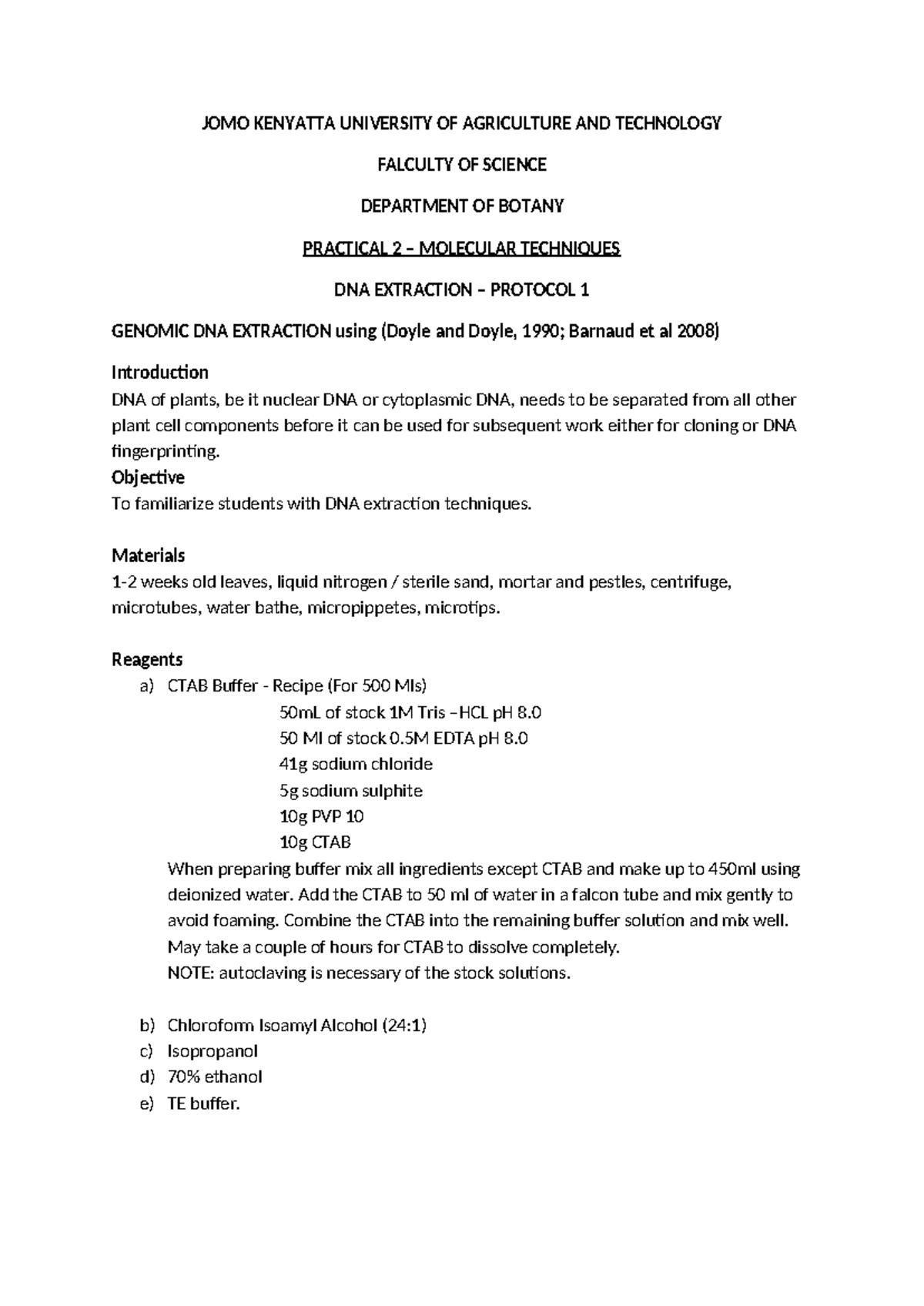 JKUAT Practical 2: DNA Extraction Protocol for Molecular Techniques ...