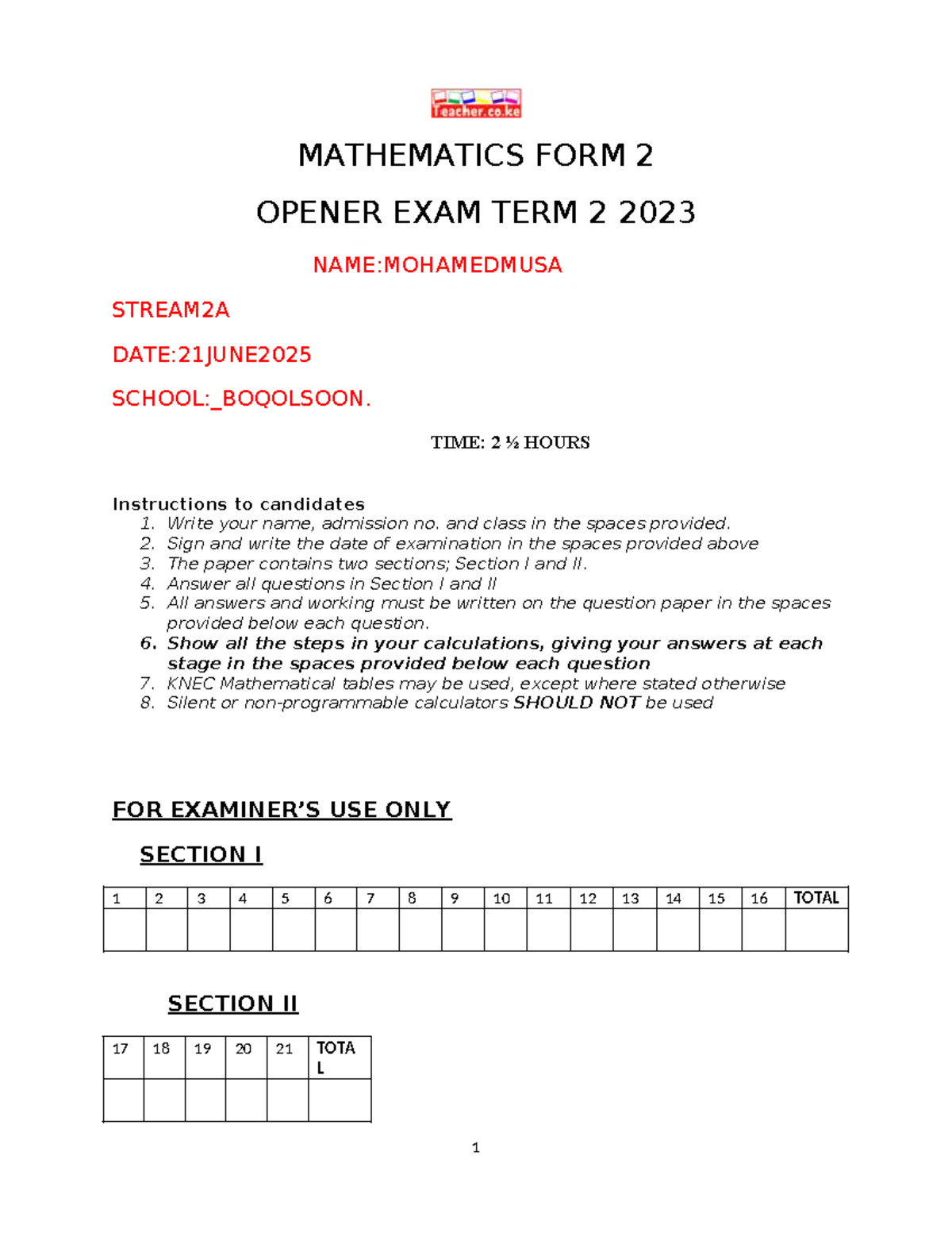 MATHEMATICS FORM 2 OPENER EXAM TERM 2 2023 - MOHAMED MUSA - Studocu