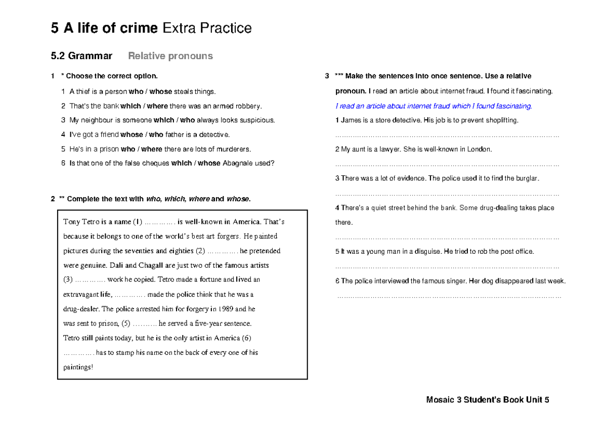 5 A Life of Crime: Extra Practice on Relative Pronouns (Unit 5) - Studocu