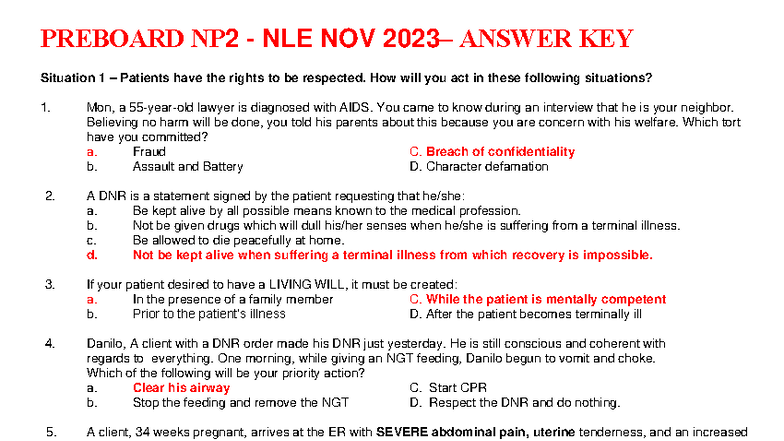 Preboard NP2 NLE Nov 2023: Comprehensive Answer Key - Studocu