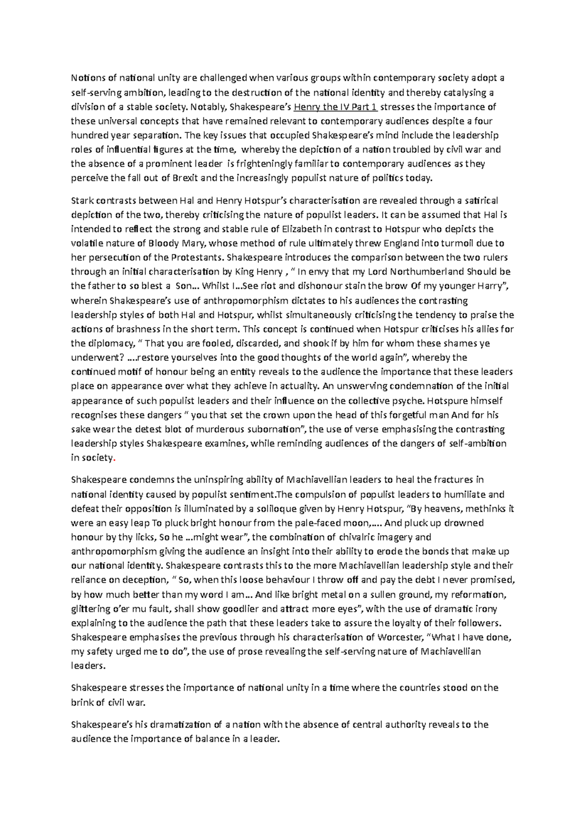 Essay - english - Notions of national unity are challenged when various ...