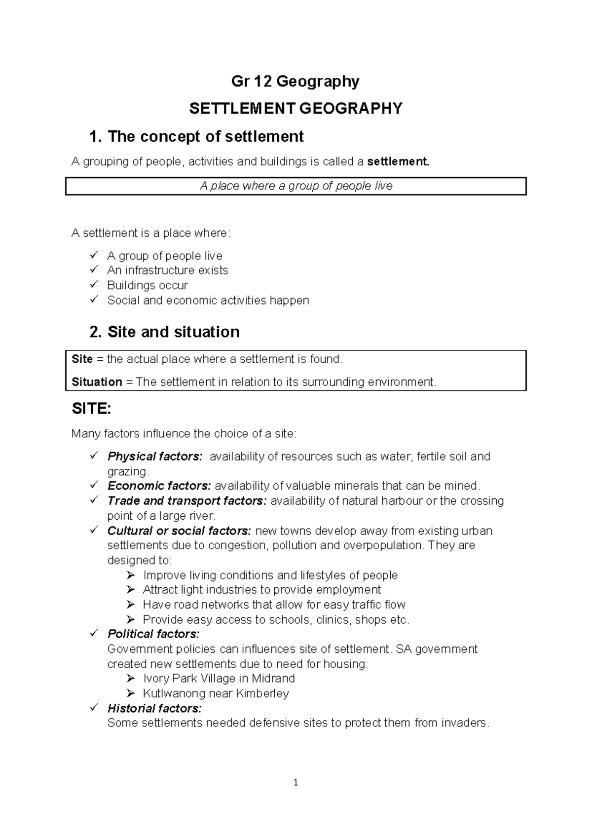 Gr 12 Geography: Settlement Geography Notes and Worksheet - Studocu