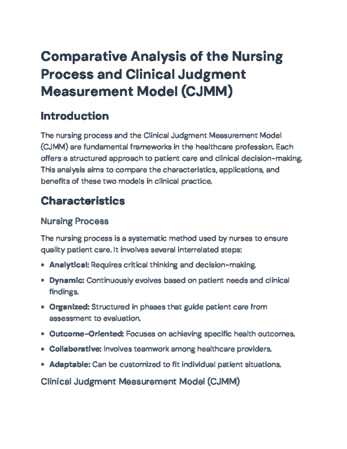 Comparative Analysis of Nursing Process & CJMM - Nursing 202 Final Exam ...