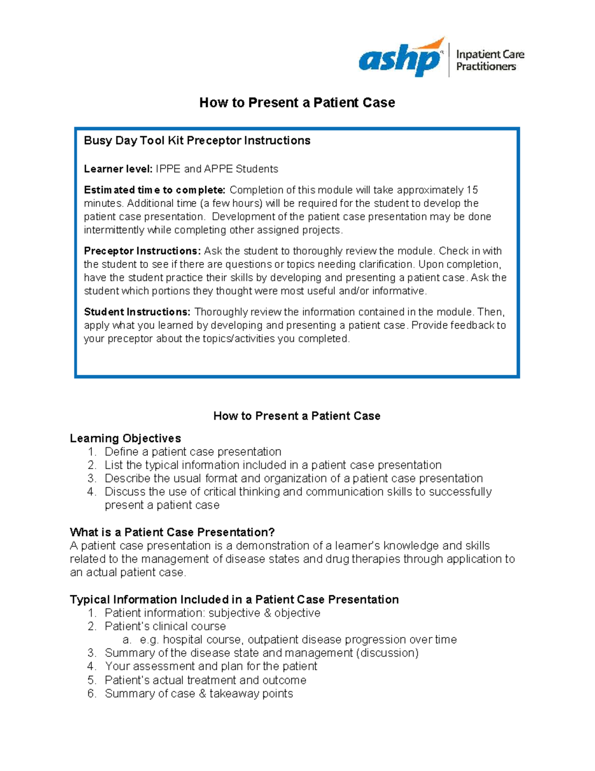 How to Present a Patient Case: IPPE & APPE Student Guide - Studocu