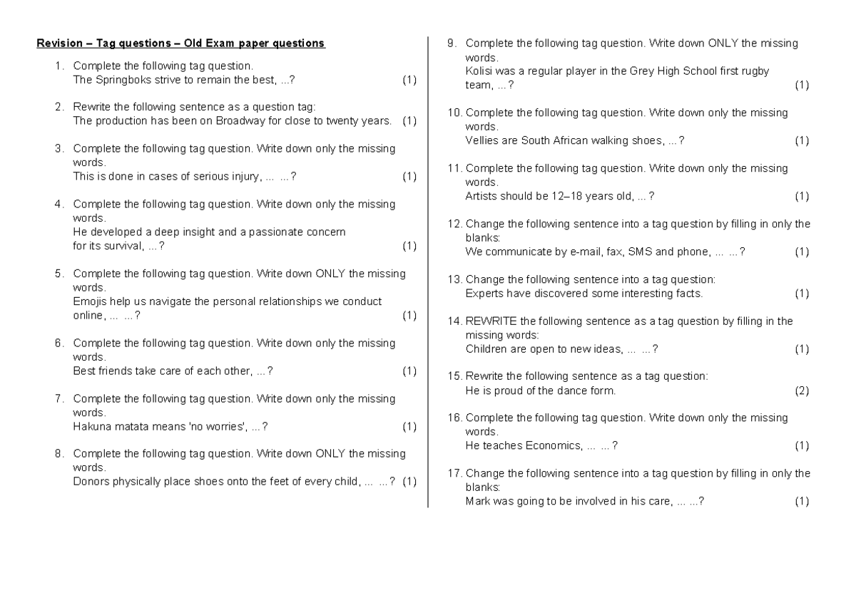 Revision: Tag Questions for Old Exam Papers - Studocu