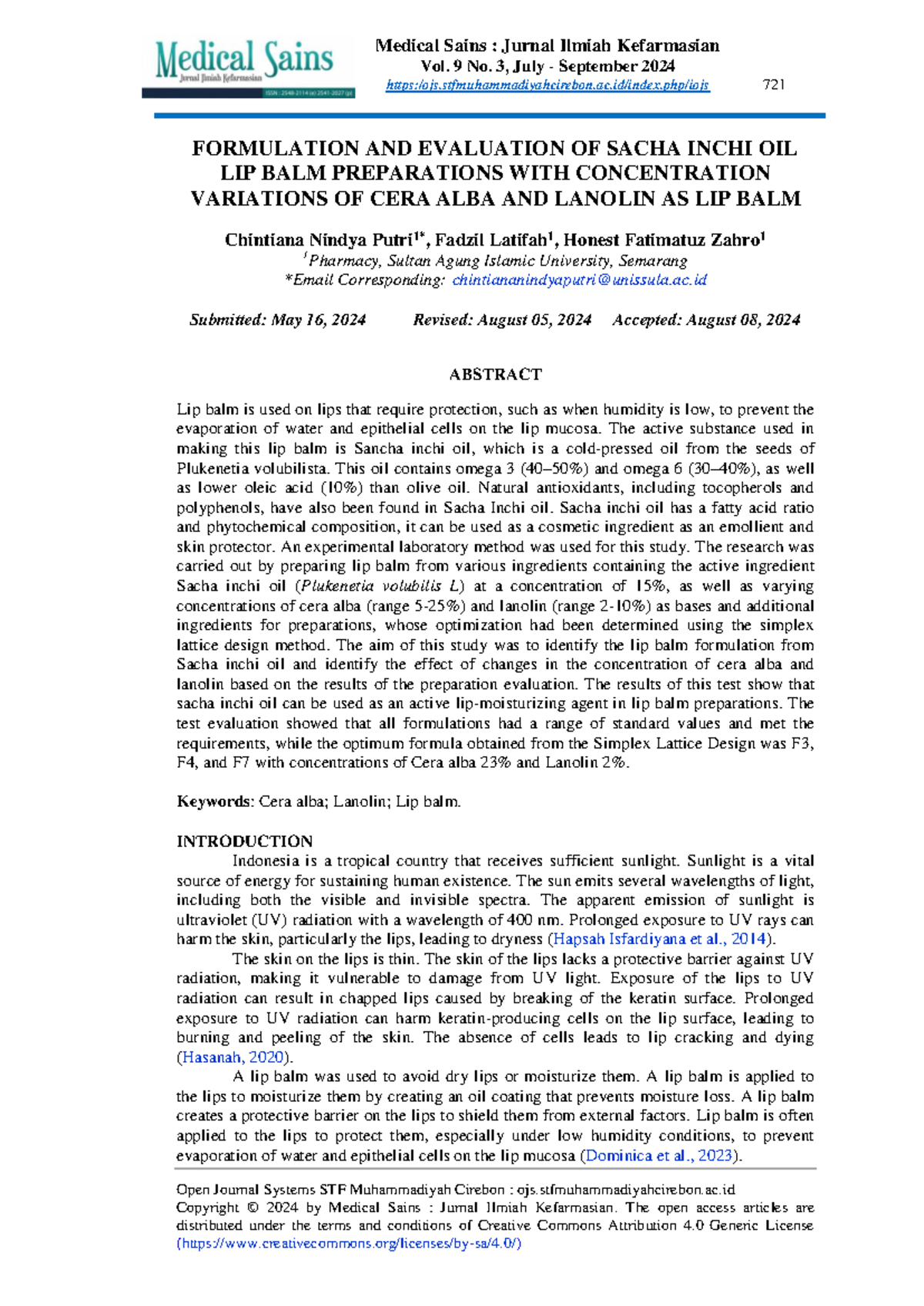 Formulasi dan Evaluasi Lip Balm Minyak Sacha Inchi (PHR 2024) - Studocu