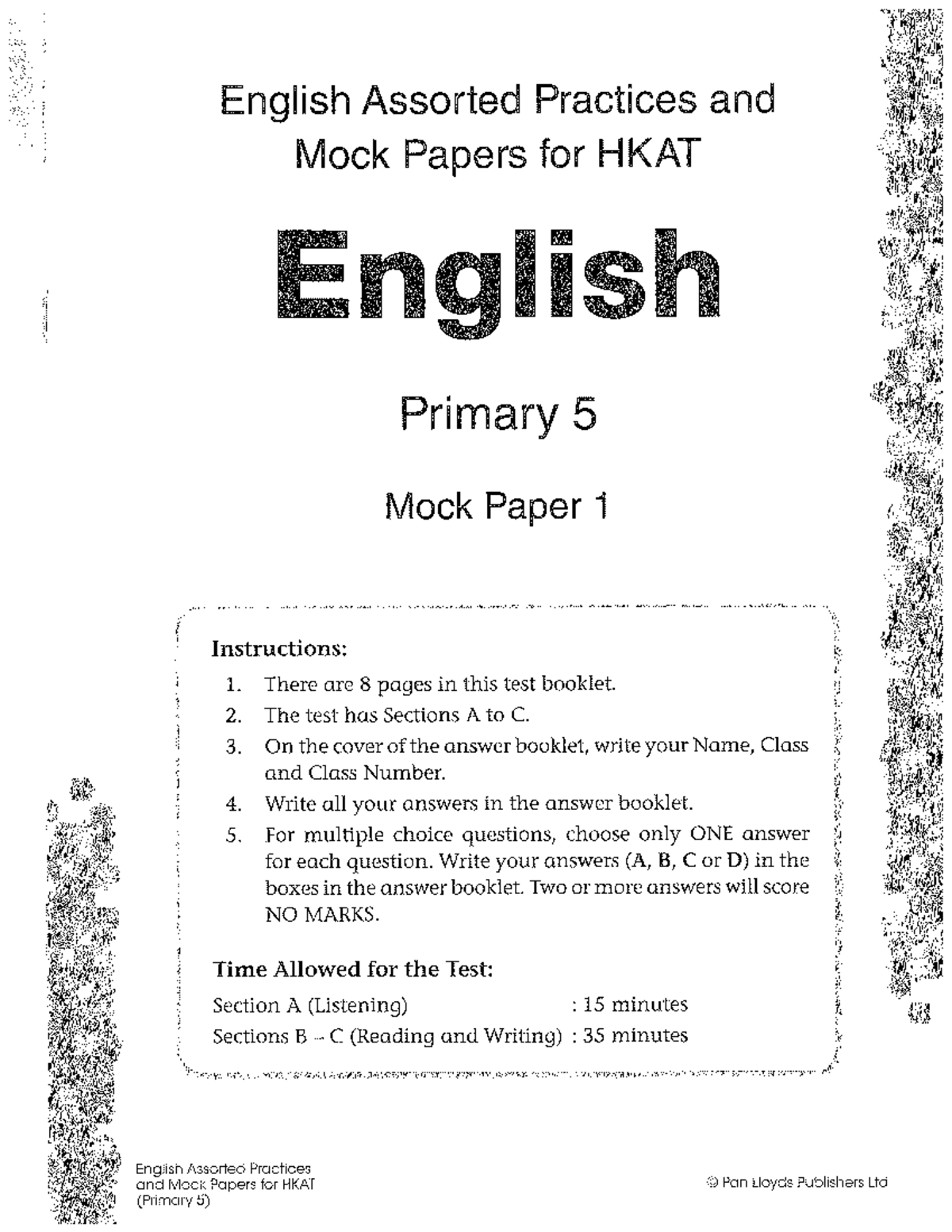 English MOCK Paper 1 for HKAT Primary 5: Assorted Practices & Questions ...