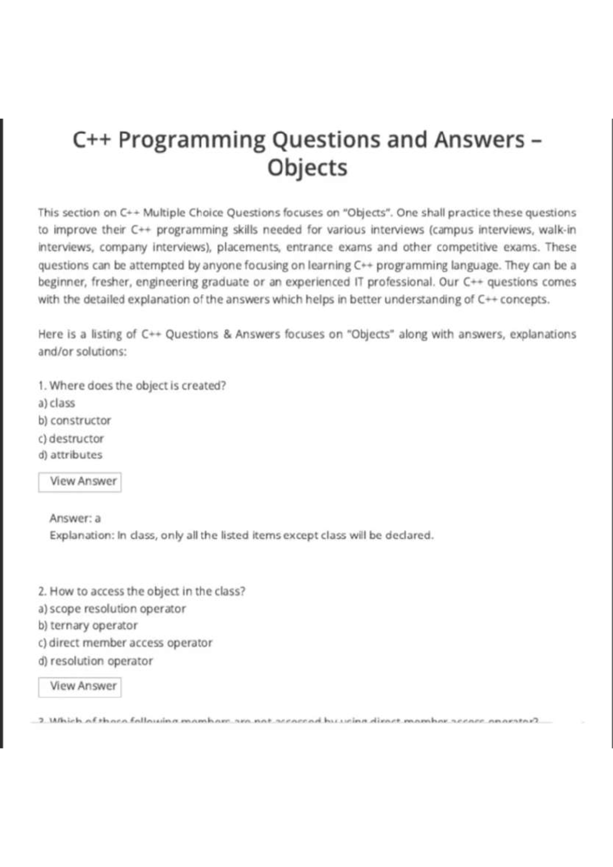 Programming MCQs & Answers on Objects for Interviews - Studocu