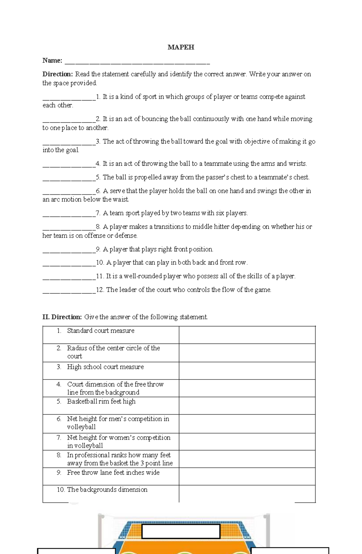 MAPEH - Physical Education Quiz: Sports Terminology and Court ...