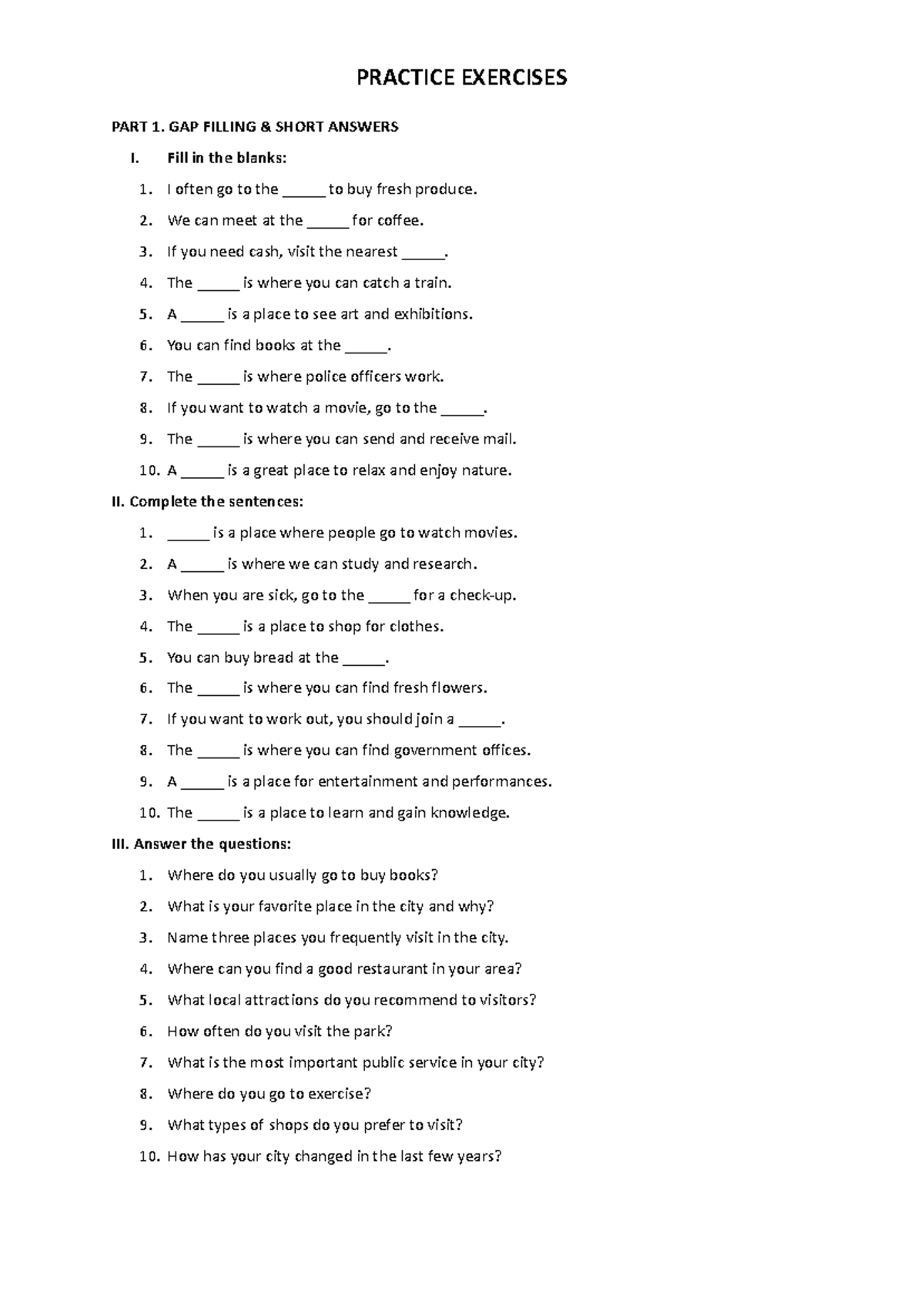 PRACTICE EXERCISES: PLACES IN TOWN (PART 1) - Studocu