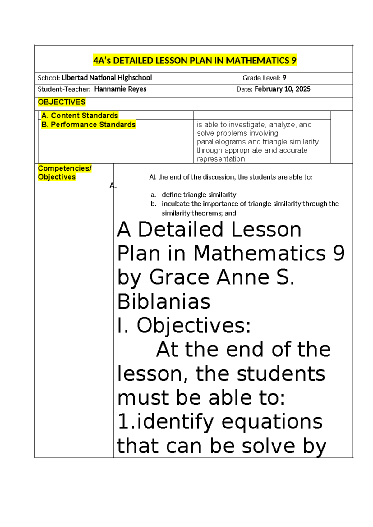MATH 9: Detailed Lesson Plan on Triangle Similarity - Studocu