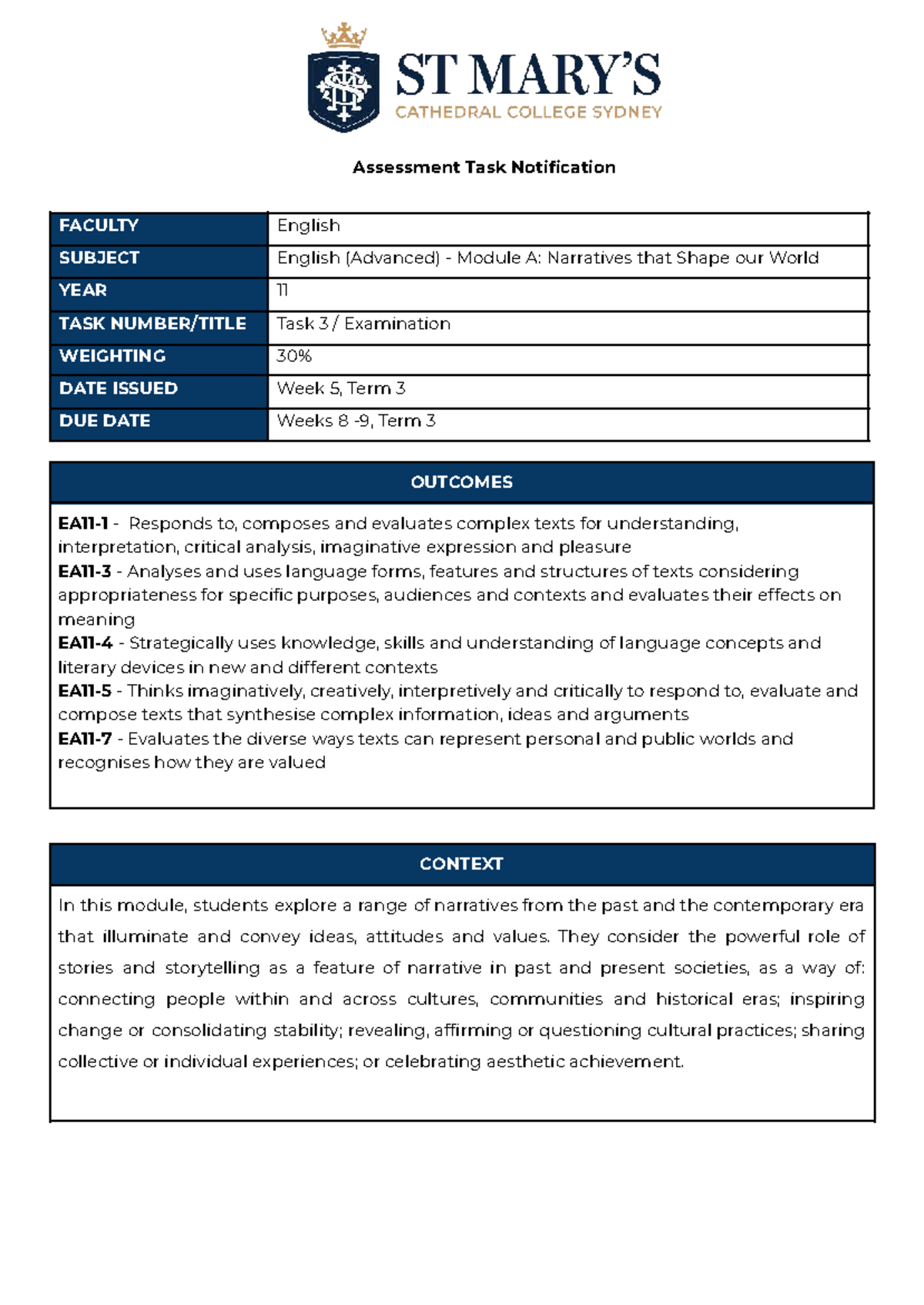 Year 11 English (Advanced) Task 3 Exam: Narratives that Shape our World ...