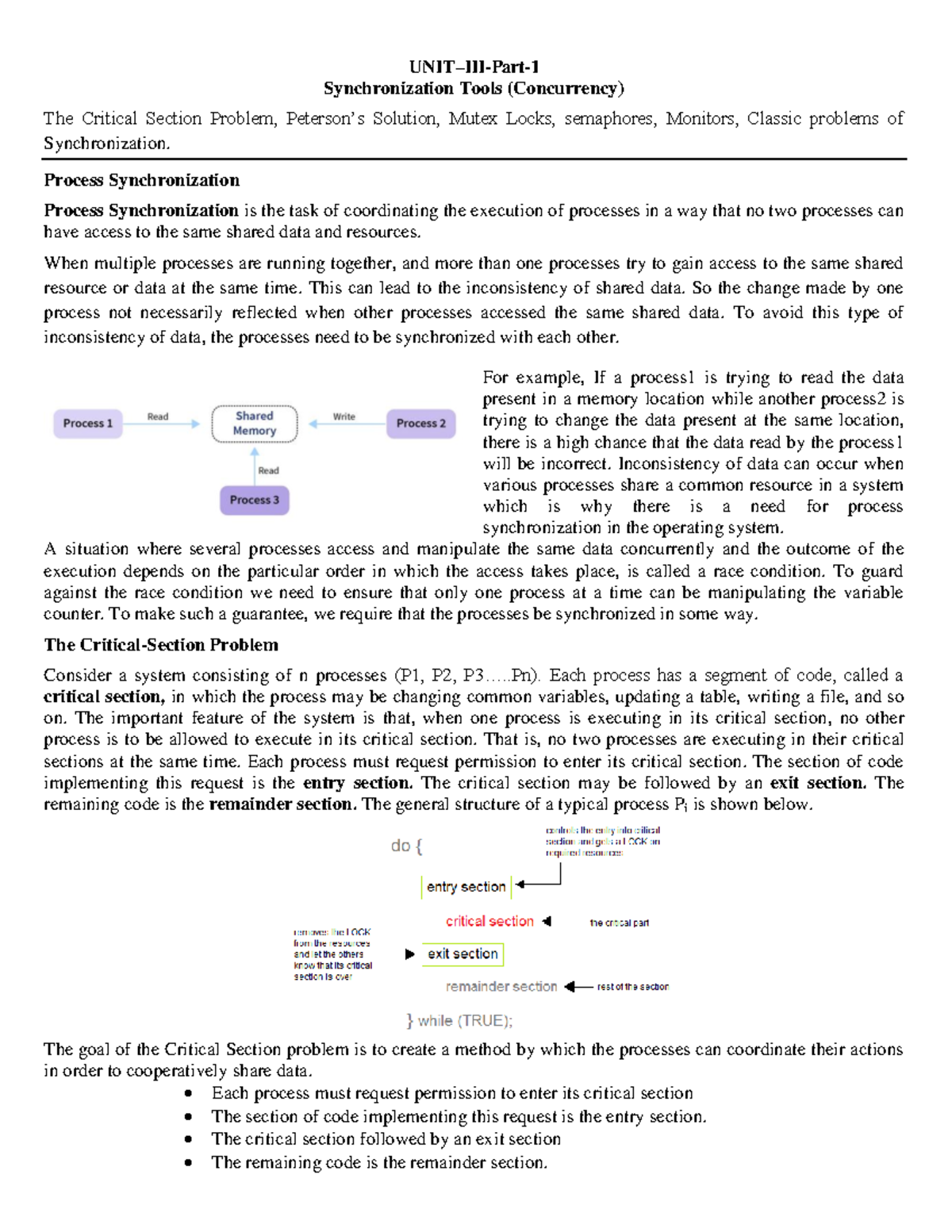 OS UNIT-3: Synchronization Tools & The Critical Section Problem - Studocu