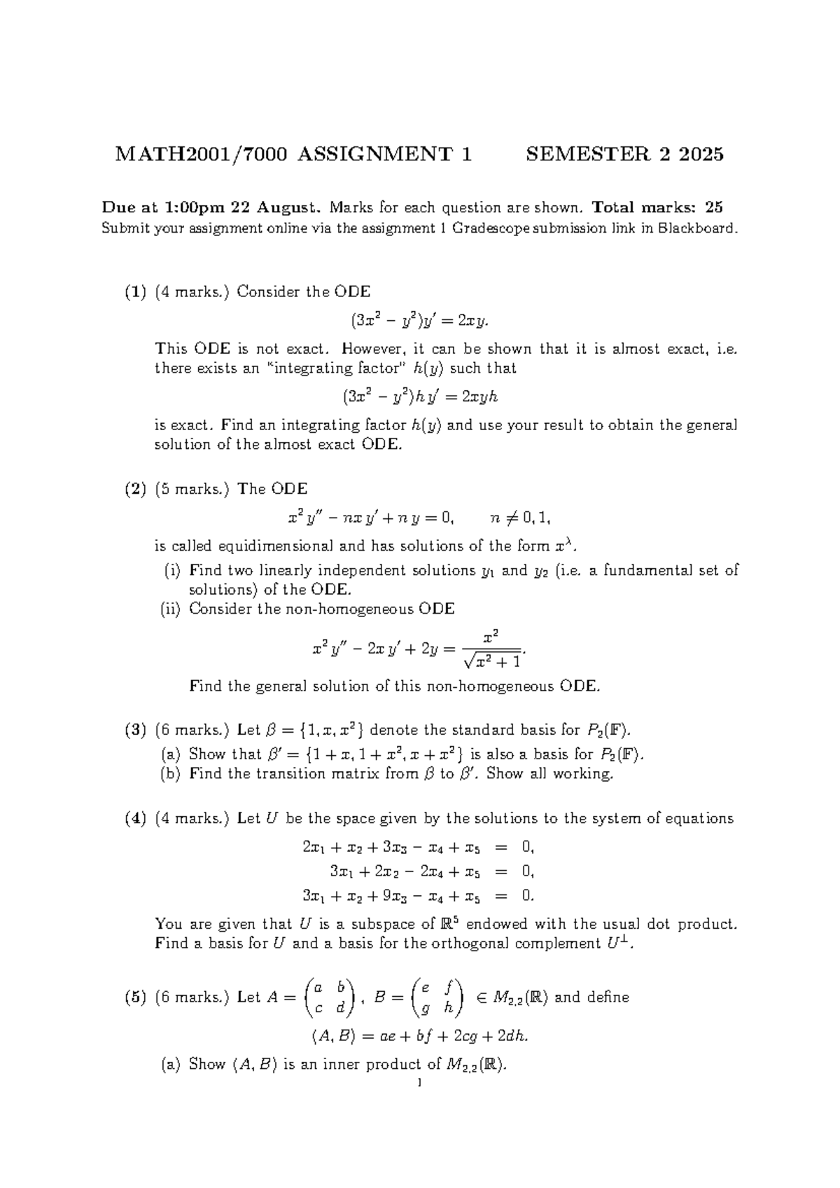 Math2001 Sem 2 Assignment 1: ODEs and Linear Algebra Solutions - Studocu
