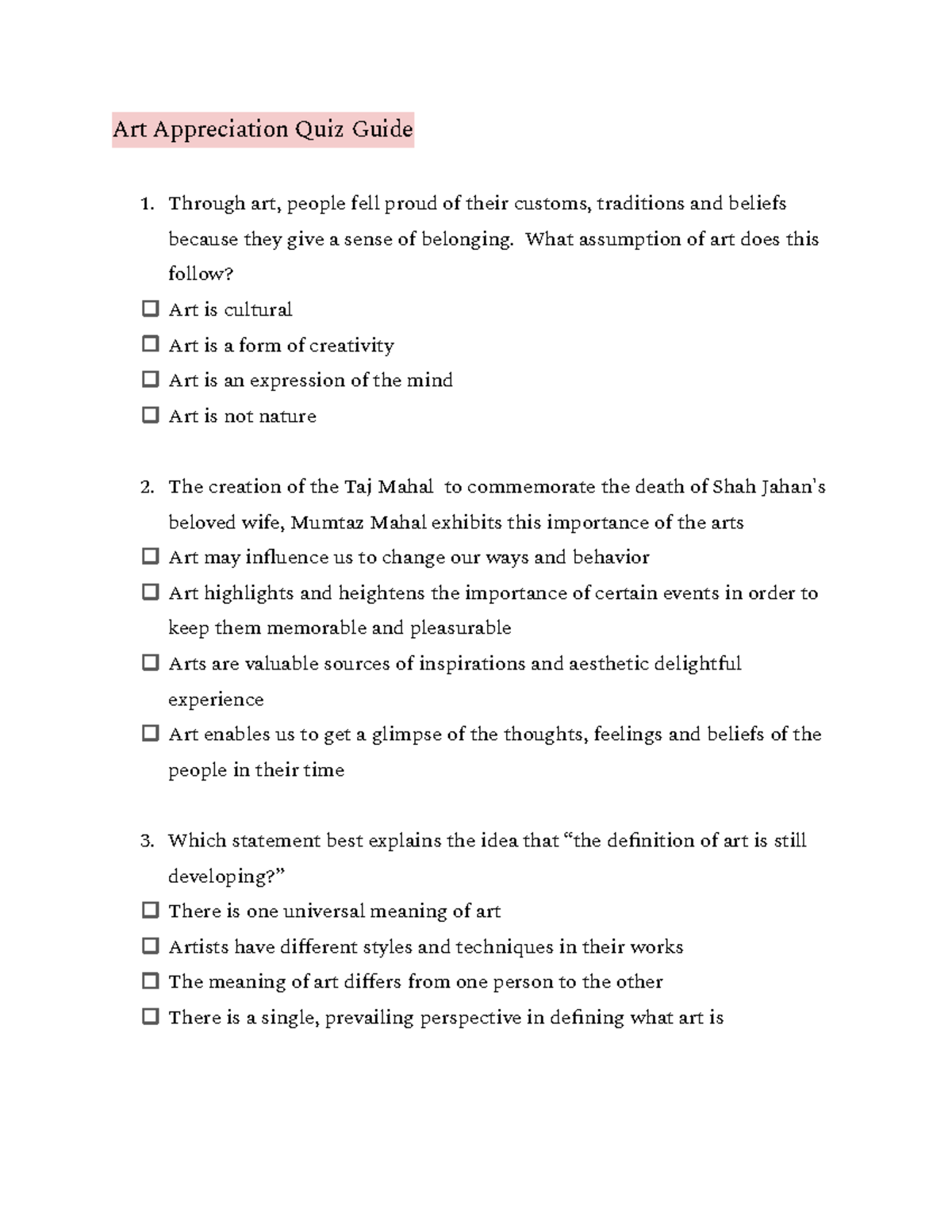 Art Appreciation MOD1 Quiz Study Guide - Studocu