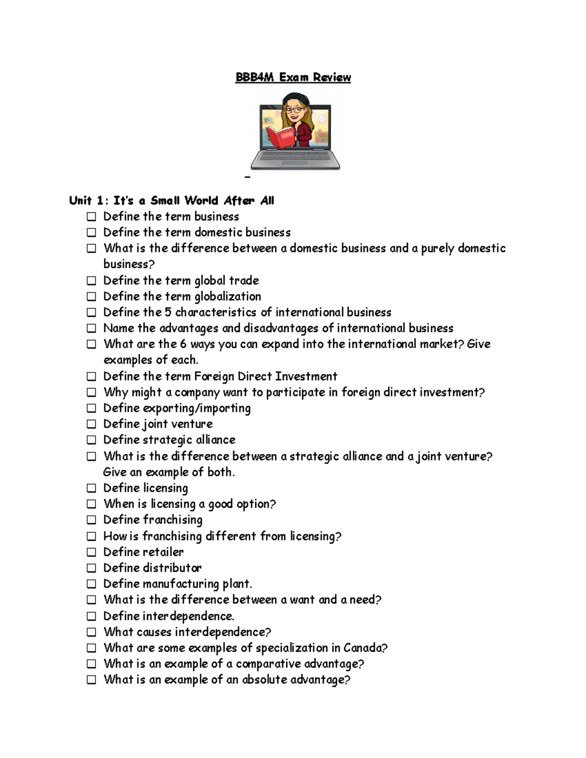 BBB4M International Business - Comprehensive Exam Review Guide - Studocu