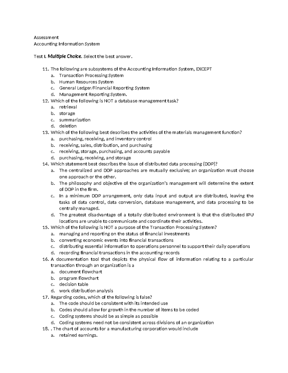 AIS 2: Accounting Information System Test I - Multiple Choice Questions ...
