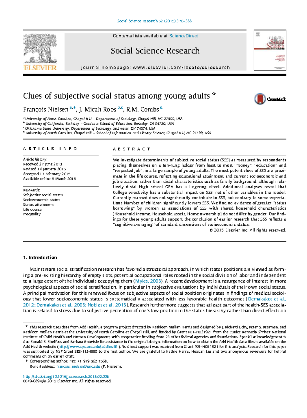 Clues of Subjective Social Status Among Young Adults: Insights from ...