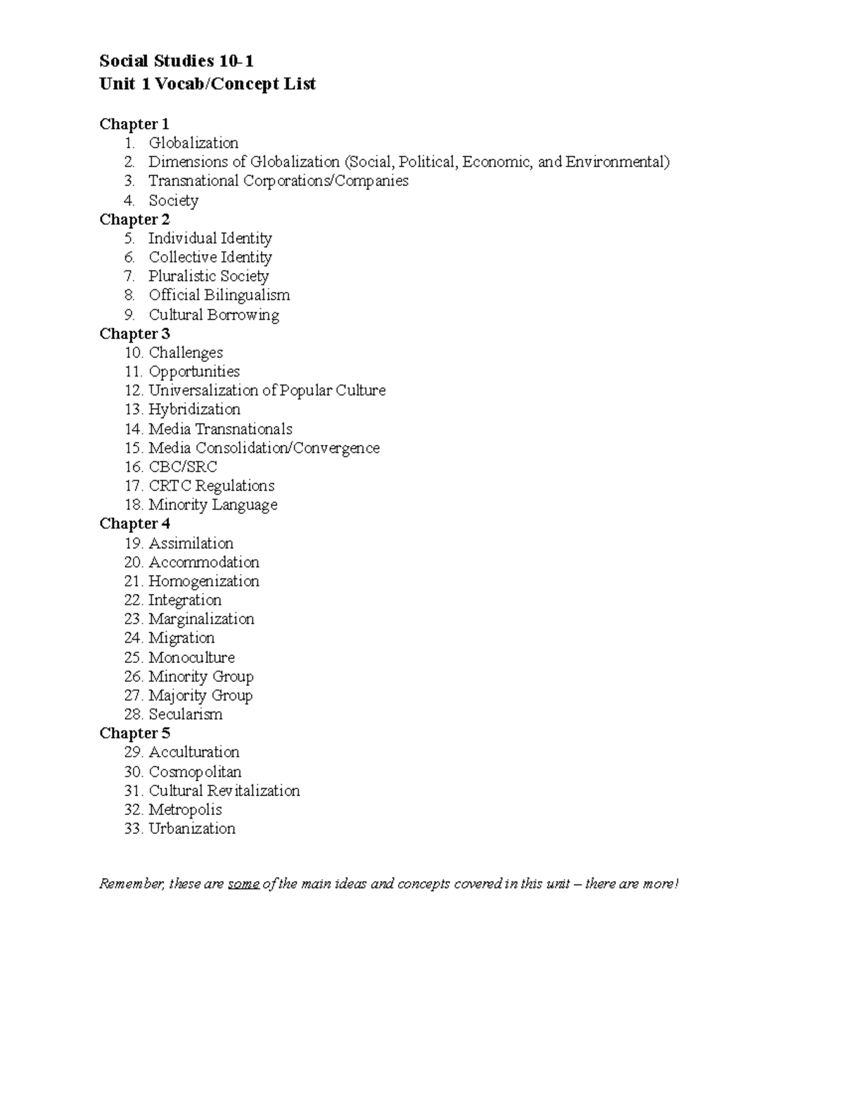 Unit 1 vocab list ss 10-1 - Social Studies 10- Unit 1 Vocab/Concept ...