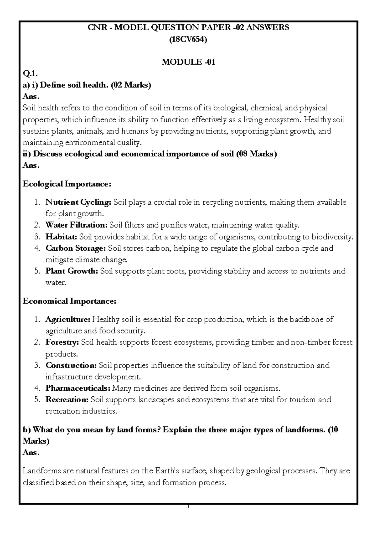 CNR MODEL QUESTION PAPER ANSWERS (18CV654) - SOIL, LANDFORMS & AIR ...