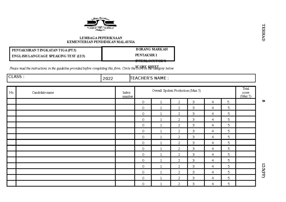 PT3 English Language Speaking Test Score Sheet (12/3) - Studocu