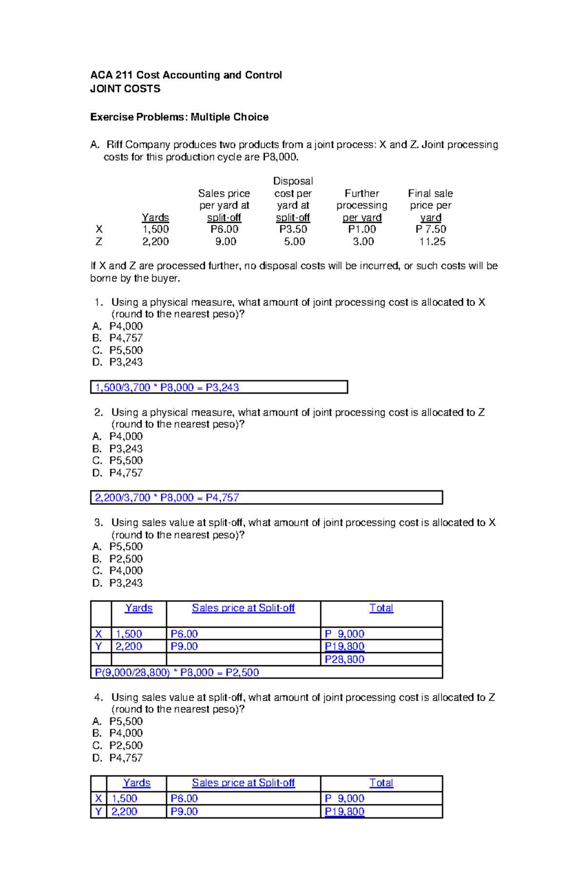 ACA 211 Cost Accounting: Joint Costs Exercise Problems - Studocu