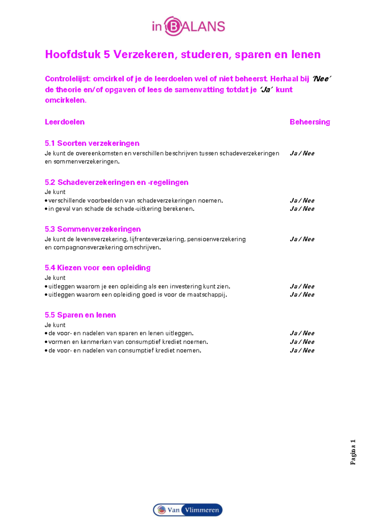 Controlelijst voor Domein B Verzekeren, Sparen en Ondernemen - Studeersnel
