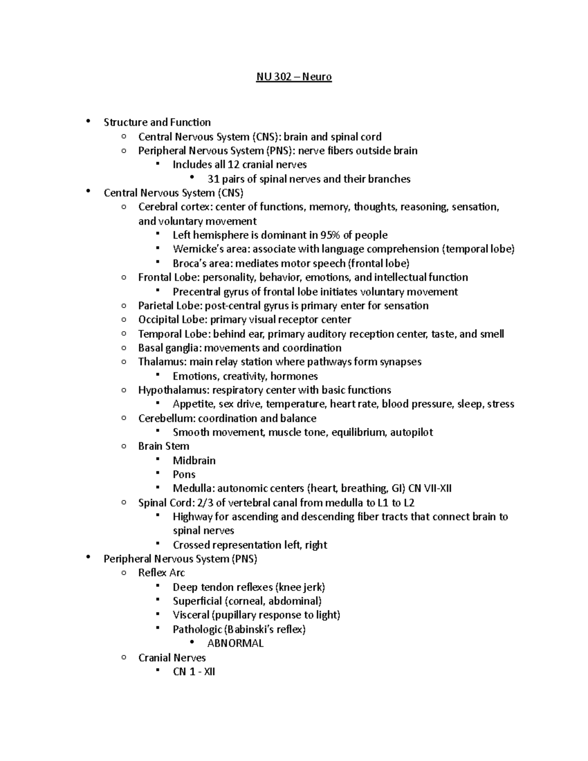 Neuro - 302 lecture notes - NU 302 – Neuro Structure and Function o ...
