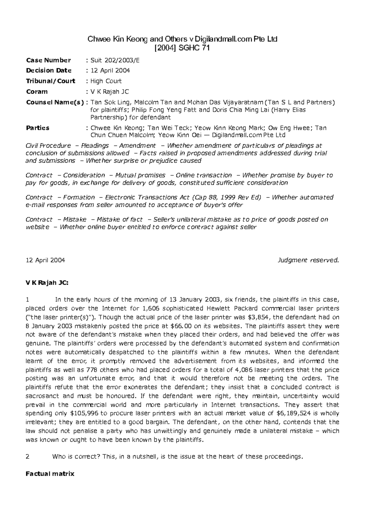 (2d) Chwee Kin Keong v Digilandmall [2004 ] SGHC 71 - Chwee Kin Keong ...
