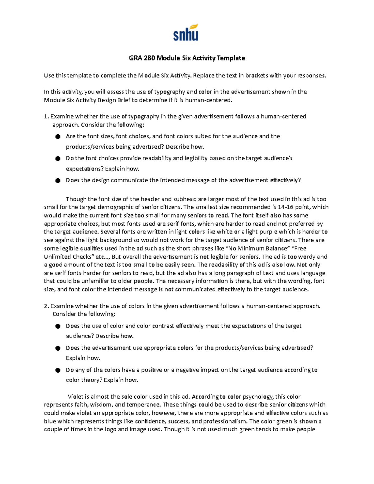 GRA 280 Module 6 Activity: Assessing Typography & Color in Ads - Studocu
