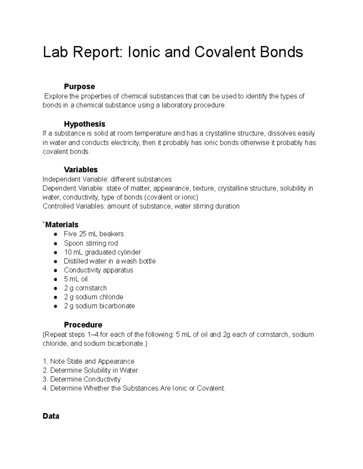 Lab Report: Ionic and Covalent Bonds Analysis for Chemistry Class - Studocu
