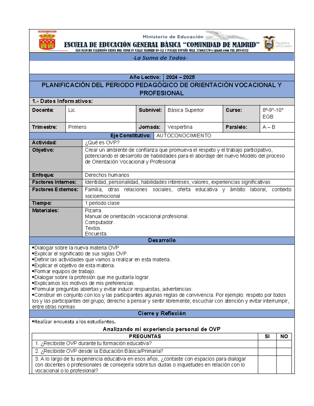 Planificación OVP 1ER TRI 8°-10°: Actividades y Reflexiones Educativas ...