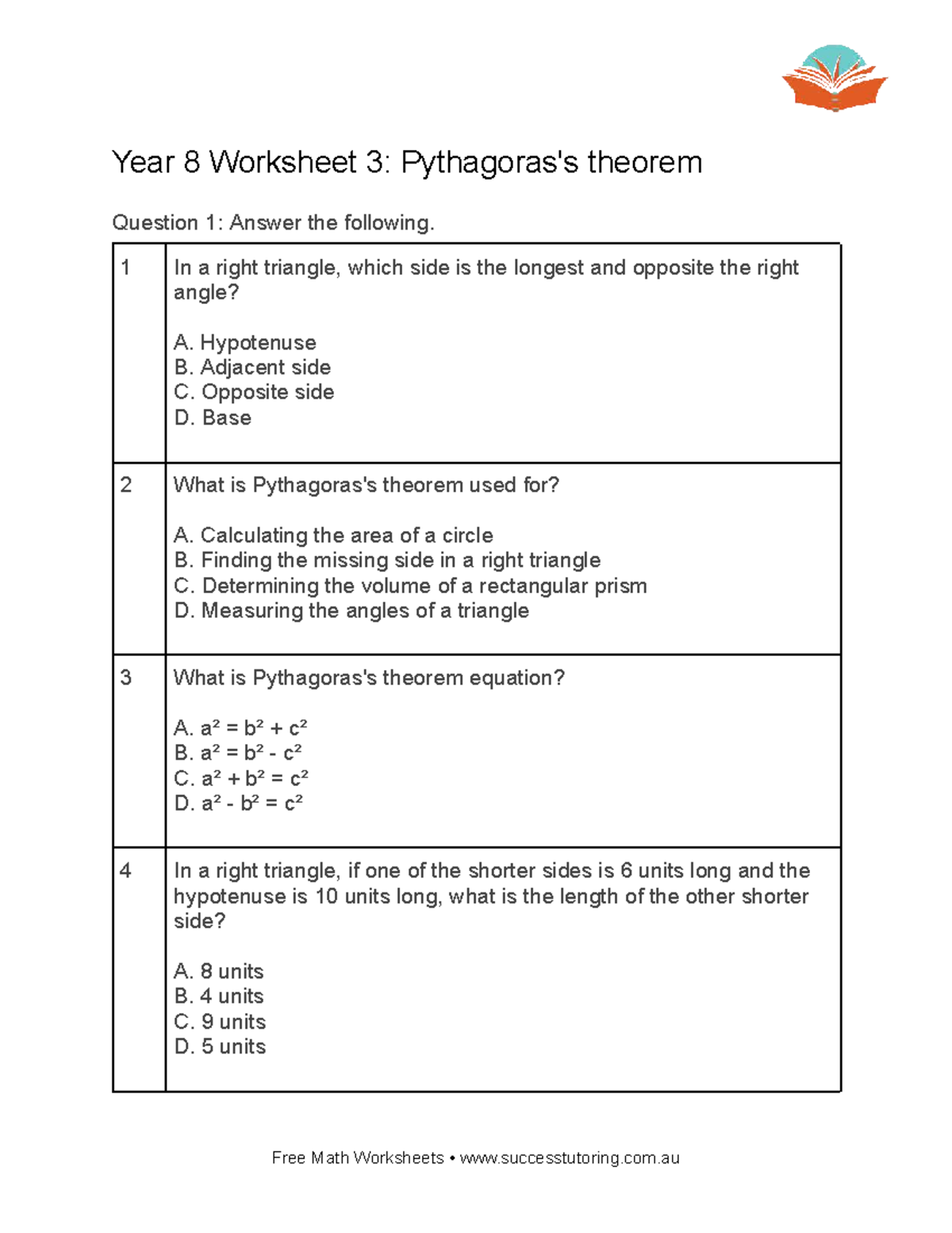 Year 8 Worksheet 3: Pythagorean Theorem Practice Questions - Studocu