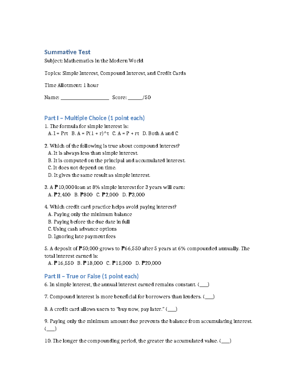 Summative Test: Mathematics in the Modern World (MATH 101) - Studocu