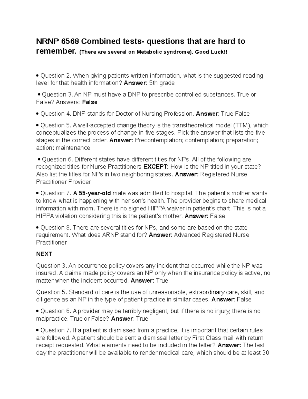 NRNP 6568 Combined Test Questions on NP Practice and Conditions - Studocu