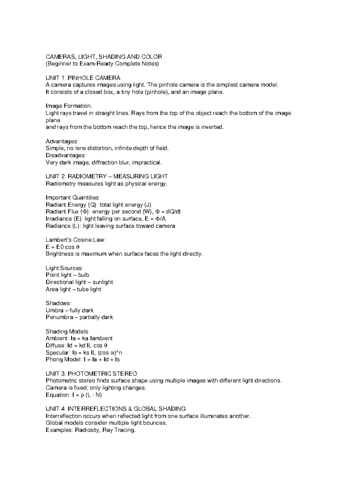 Complete Notes on Cameras, Light, Shading & Color (Unit 1-4) - Studocu