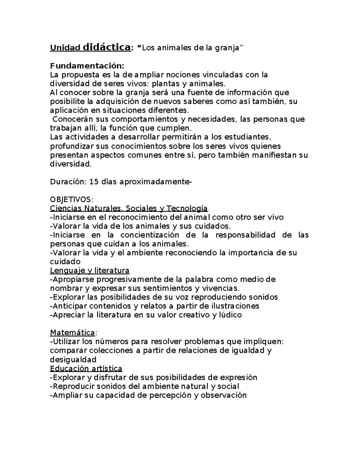 Unidad Didáctica: Los Animales de la Granja y su Diversidad - Studocu
