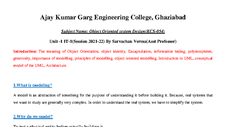 OOSD UNIT 1 - Comprehensive Notes on Object Oriented Systems - Studocu